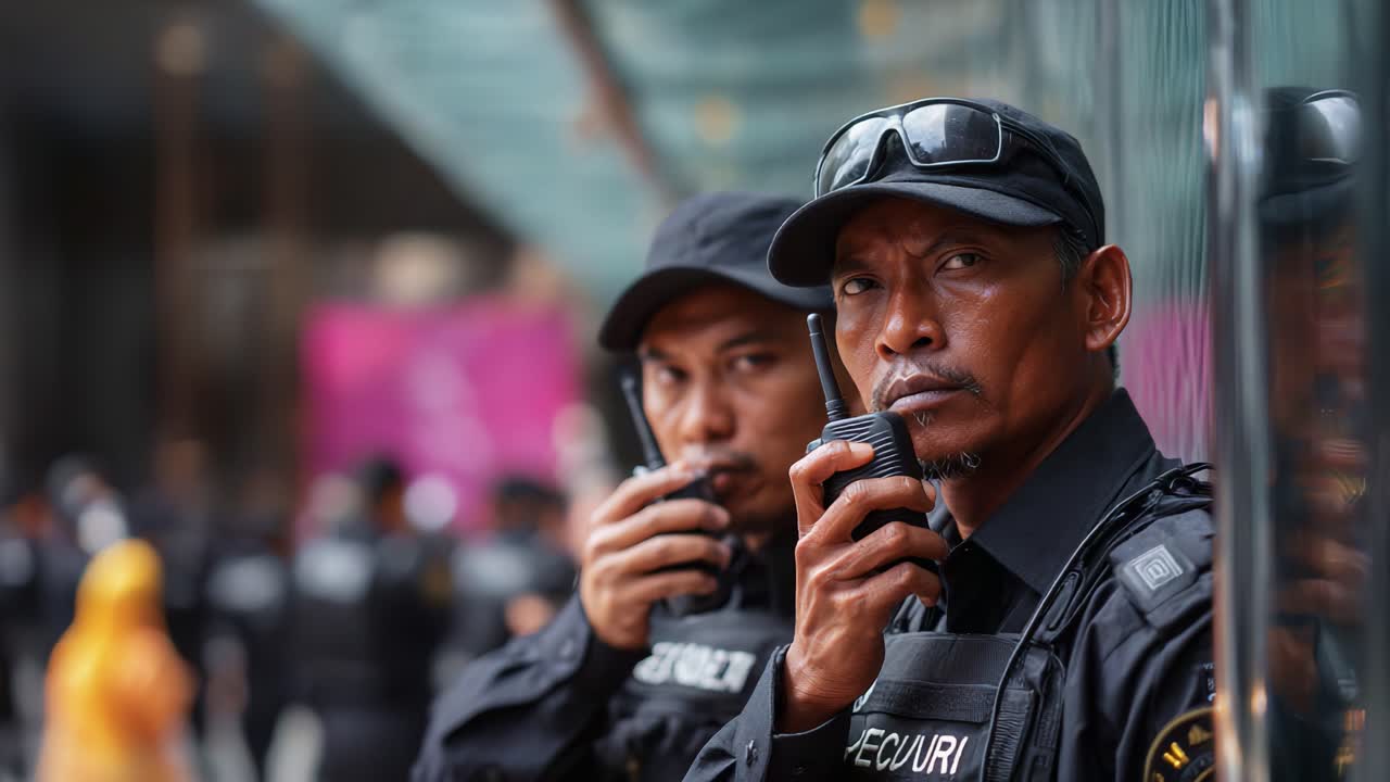 Focused Security Personnel Communicating with Radios While Maintaining ...