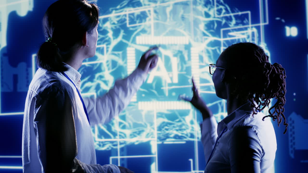 Premium stock video - Exevutives using ai computing simulation