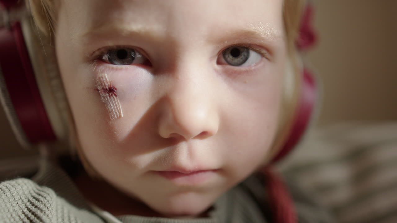 Premium stock video - A young child with a cut and bruised face stares ...