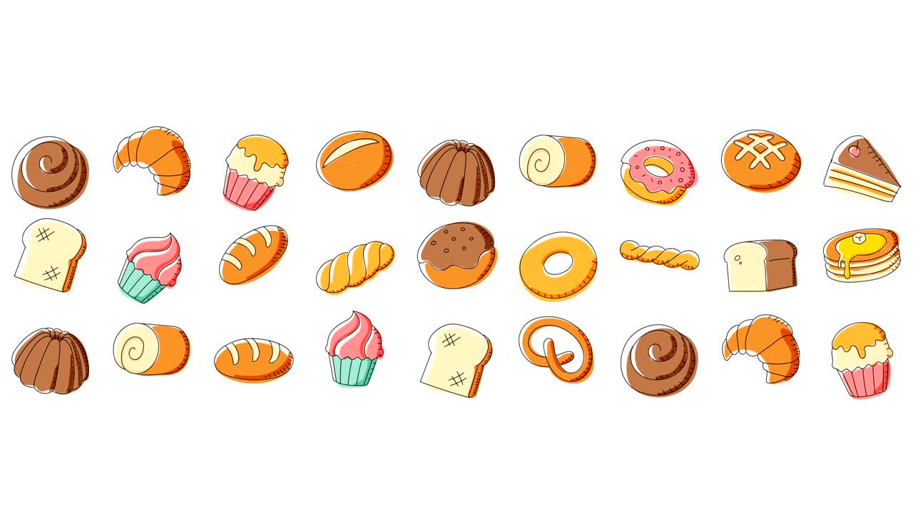 프리미엄 스톡 영상 베이커리 움직이는 패턴 배경 만화 손 그림 일러스트레이션 백색 배경에 고립 된 원활한 루핑 애니메이션