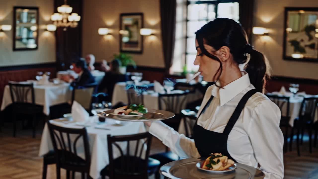 Waitress Smoking While Serving Food in a Restaurant | Premium Stock ...