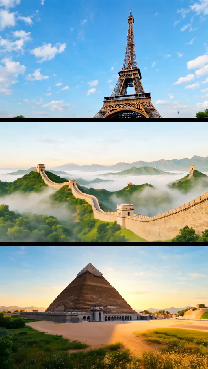 Famous Landmarks: Eiffel Tower, Great Wall of China, and Pyramids of ...