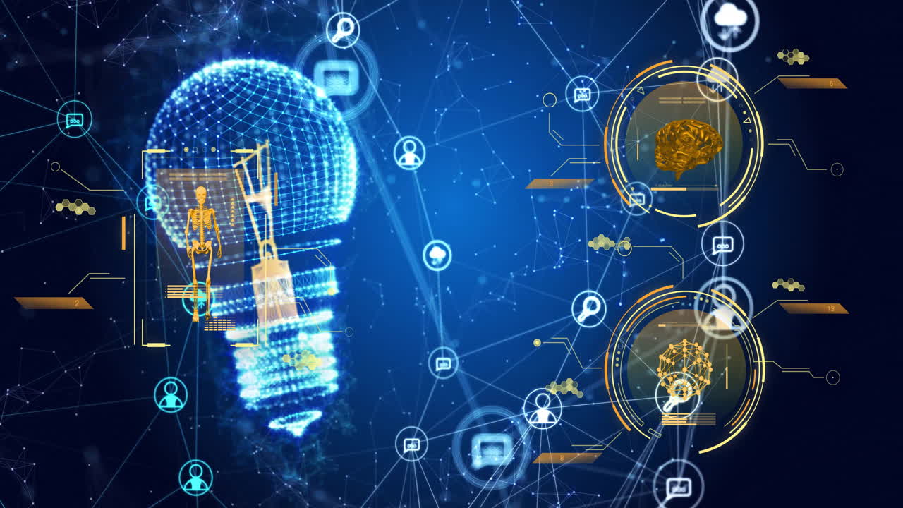 Animation of scanners processing data, light bulb and network of people ...