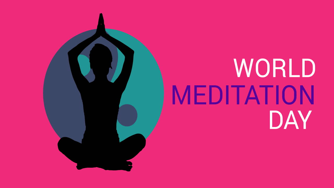 Animation of world meditation day text with woman meditating silhouette ...