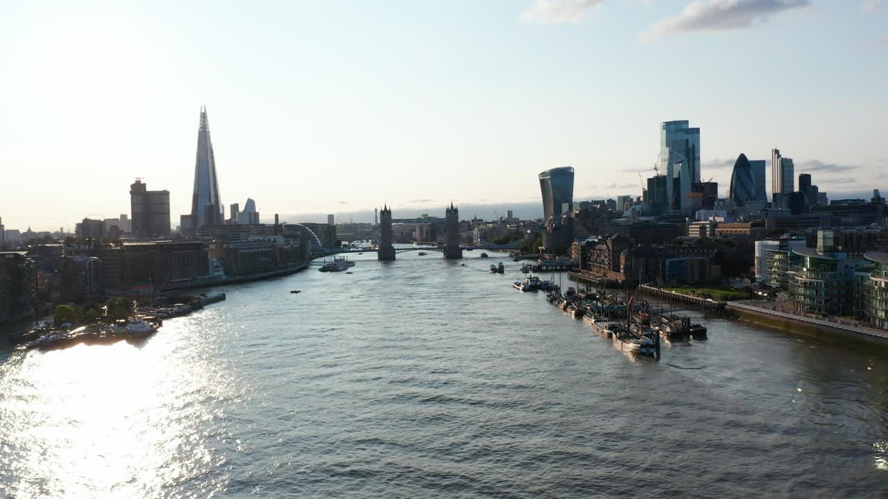 Landing Footage Above Thames River Against Sunshine. Silhouettes Of ...