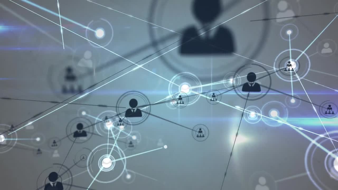 Animation of network of connections with icons over grey background ...