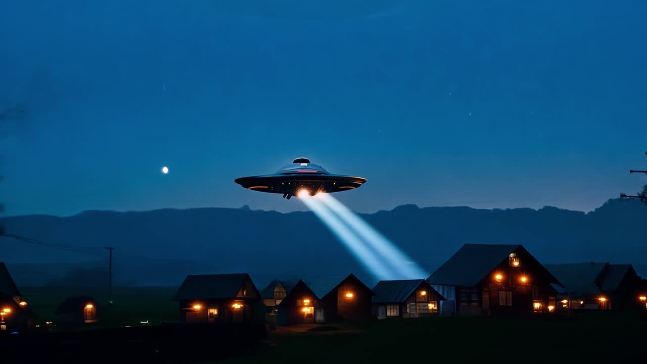 Ufo over suburban neighborhood at night Premium Stock Video Footage