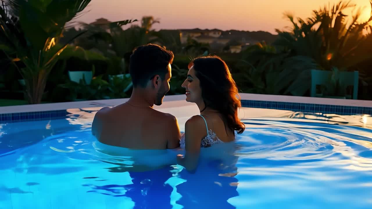 Premium stock video - Romantic couple enjoying sunset by the pool