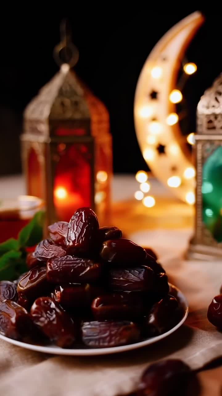 Close-up video of dates on a plate, with lanterns and crescent lights ...