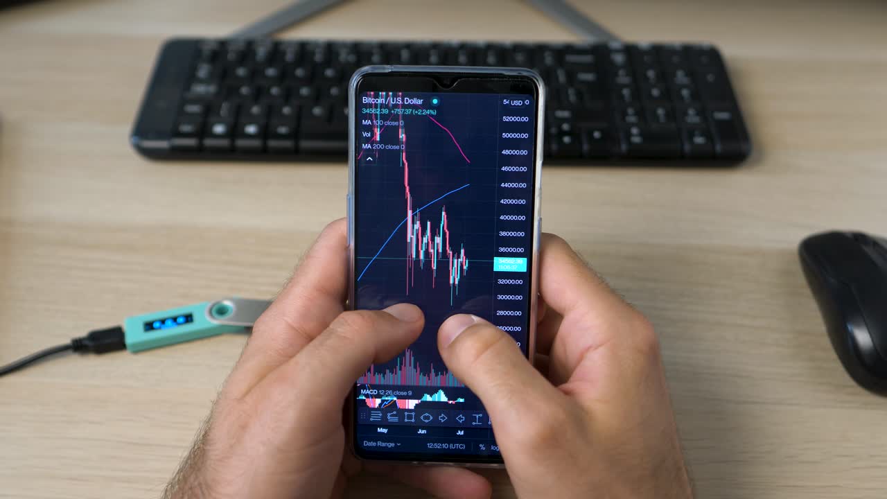 Cryptocurrency Trader checks Bitcoin price on smartphone , close up ...