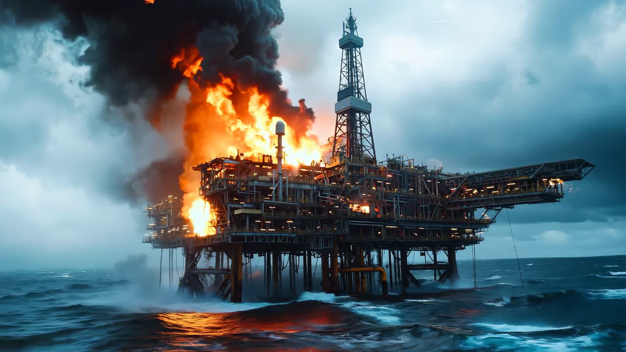 An oil rig on fire in the middle of the ocean Premium Stock Video Footage