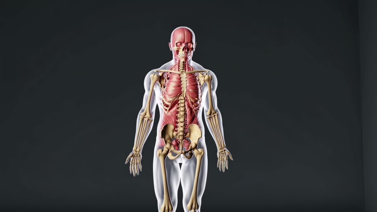 Front view of a 3D anatomical model showcasing muscles and bones ...
