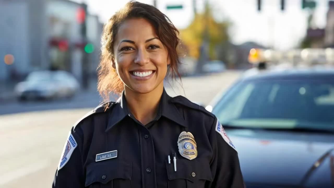 Smiling police officer in uniform, captured from a front-facing angle ...