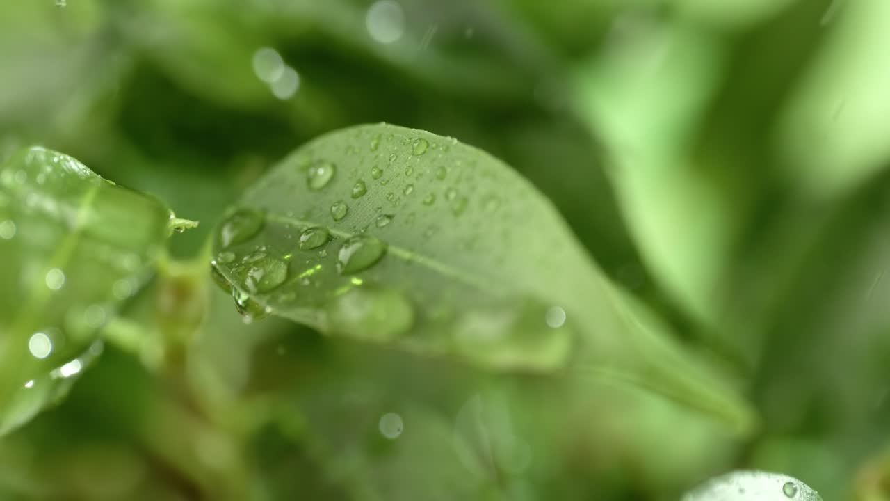 Close Up Of Raindrops In Super Slow Motion. Rain Drips On The Green ...