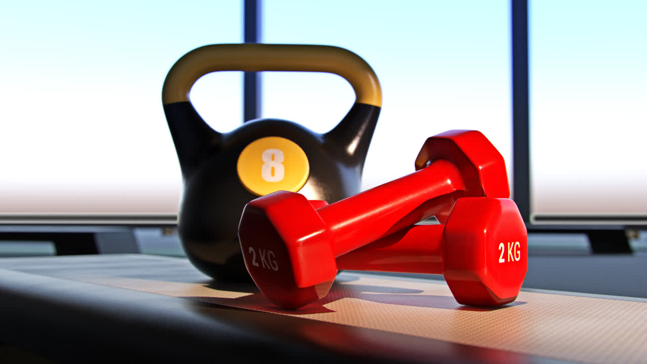 Premium stock video - A pair of dumbbels, kettlebell, mat and step on ...