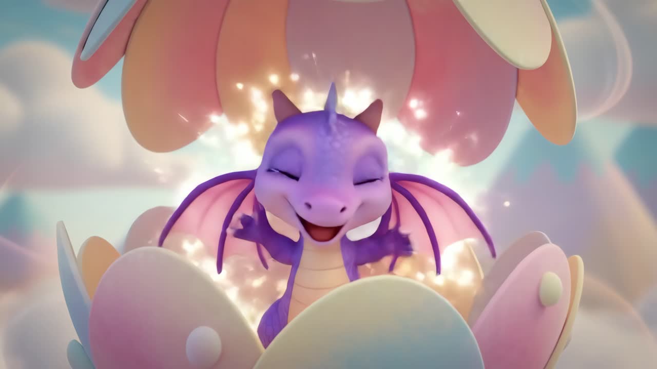 Cute Baby Purple Dragon Hatching from a Magical Flower Pod in the Sky ...