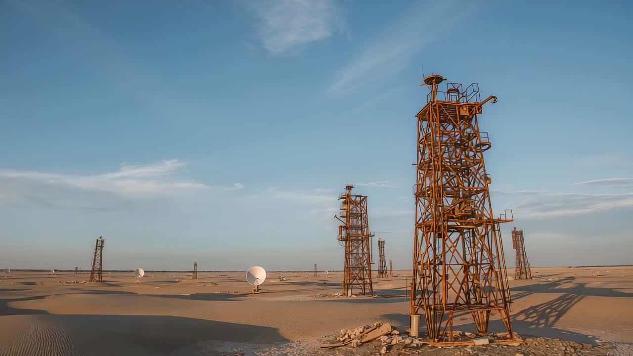 Panning camera showing rusted tower moving right across desert, with ...