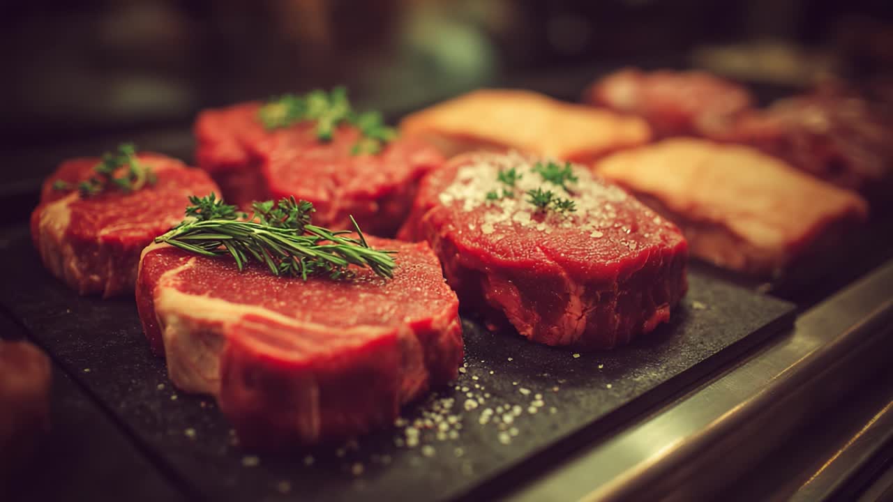 A Close-Up of Freshly Cut Raw Steak with Garnishes on Display ...