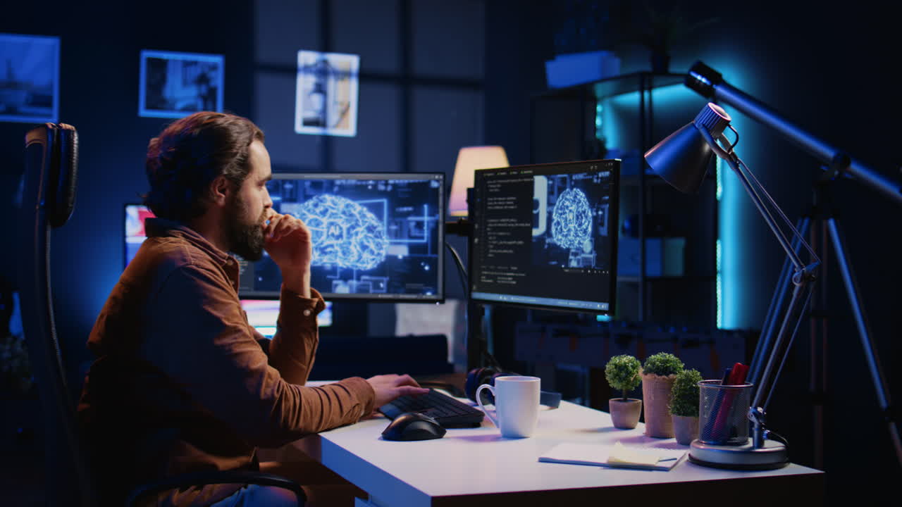 Premium stock video - Programmer using computer to update ai neural ...