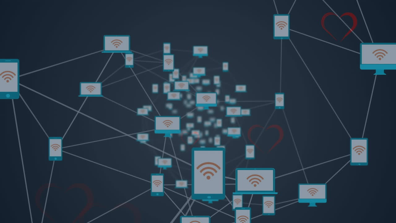 Animation of network of connections with electronic devices icons ...