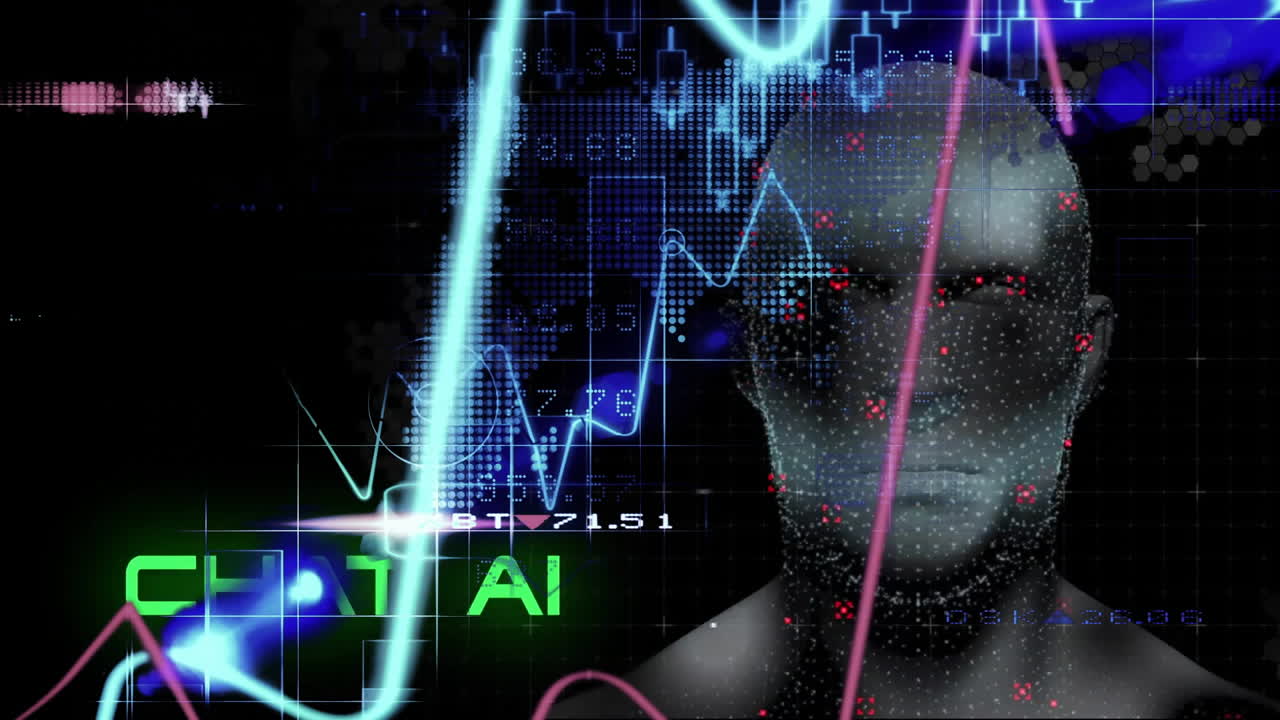 Premium stock video - Animation of graphs, chat ai text, trading board ...
