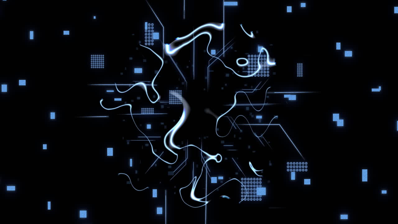 animation of digital data processing over circuit board on black ...