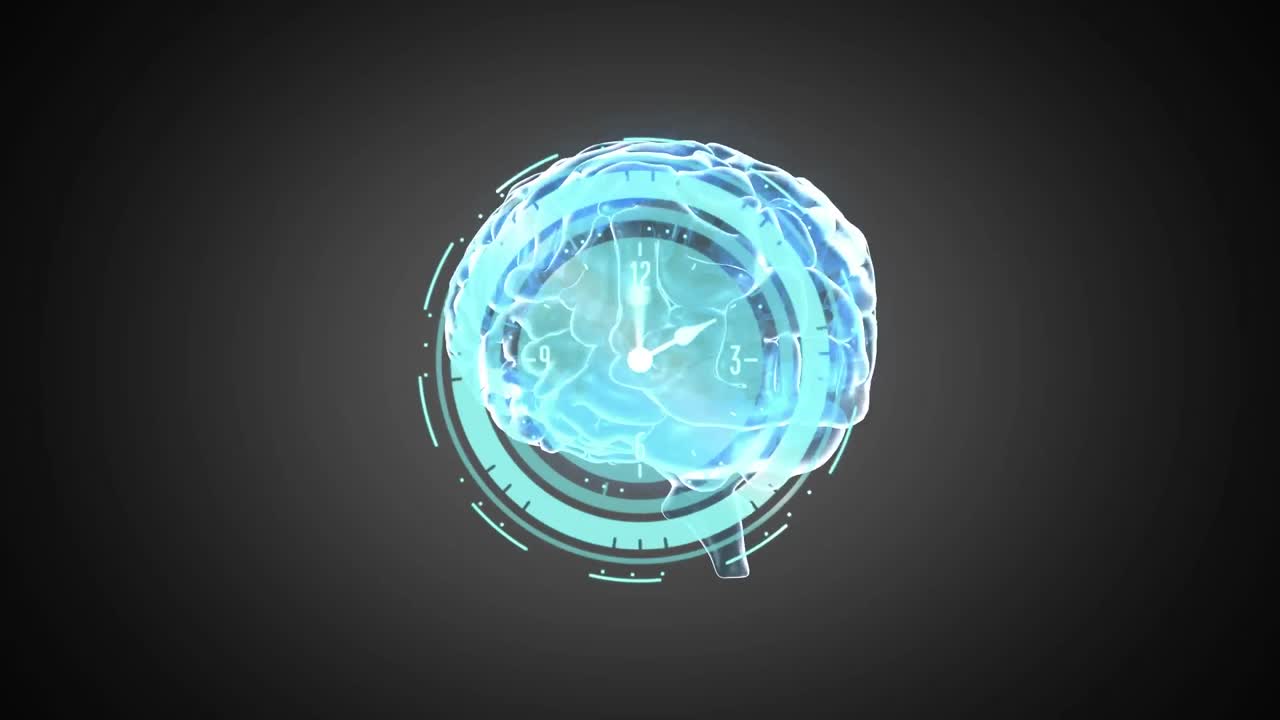 Digital Animation Of Human Brain Spinning Over Neon Digital Clock