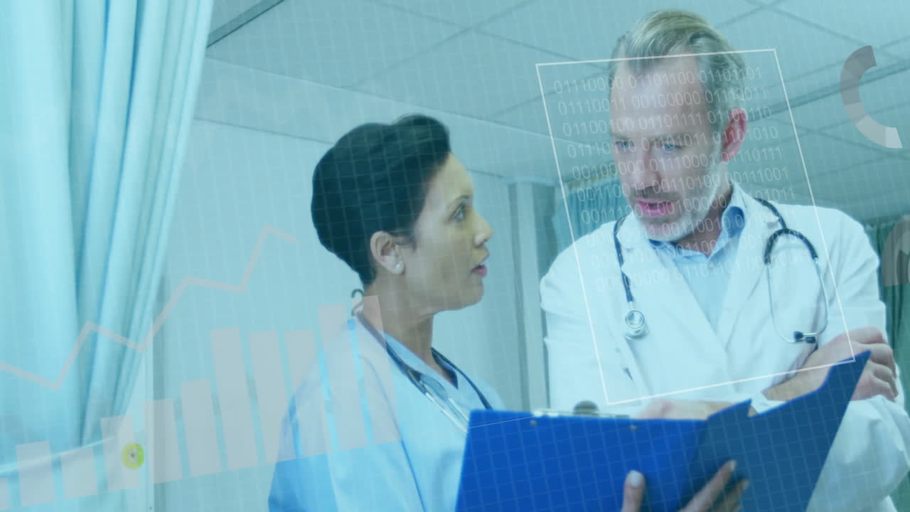 Animation of data processing and diagrams over diverse doctors talking ...