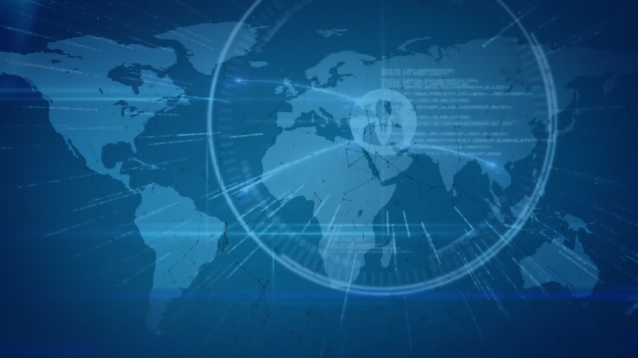 Animation of pulsating circles and profile icons over world map against blue background Premium ...