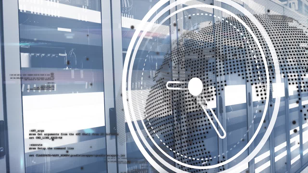 Digital Clock Ticking Over Spinning Globe Against Computer Server Room ...