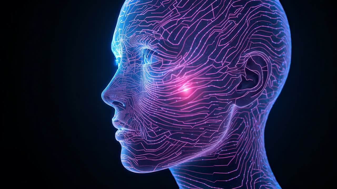 Head model generating magenta glow at nose tip, pulsing along neon ...