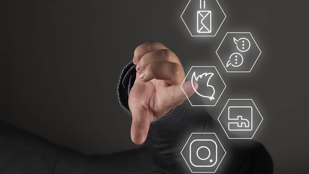 Hologram of social median logo icons appears on person finger, close up ...