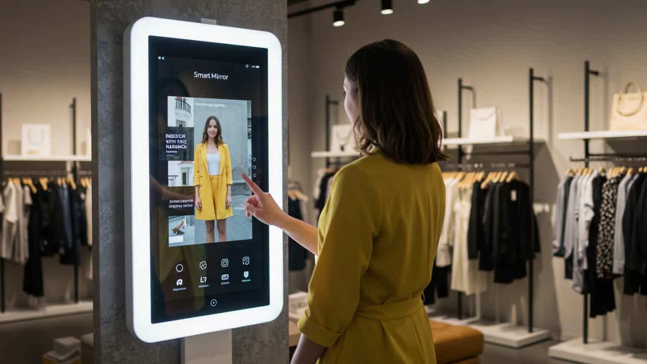 Innovative Retail Technology: A Woman Interacting with a Smart Mirror ...