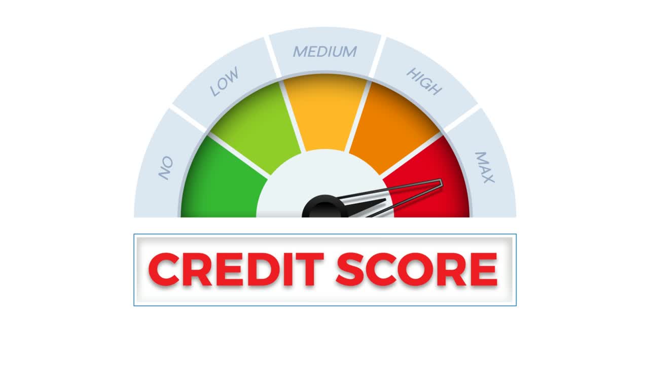 The word Credit score on meter. Speedometer which measures the level of ...