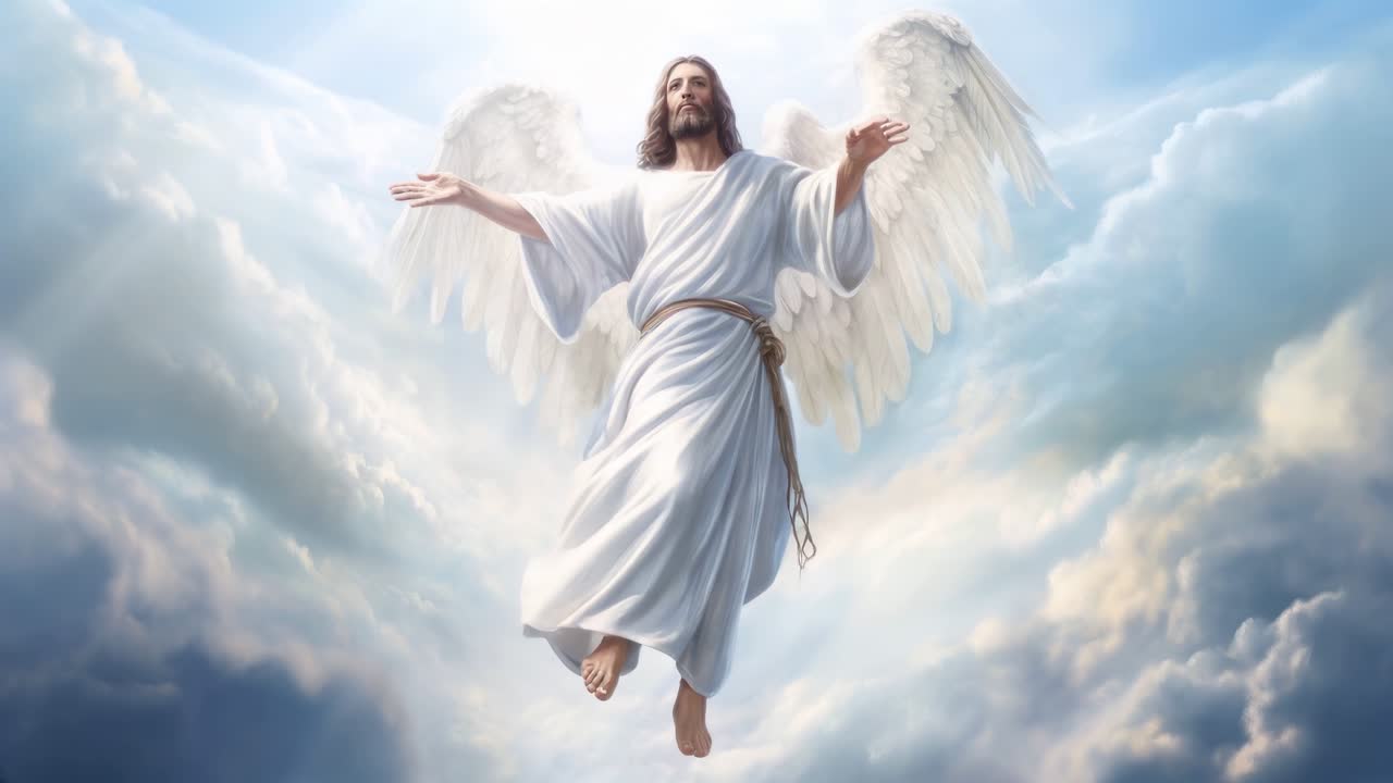 A serene depiction of an angelic Jesus figure ascending through clouds ...