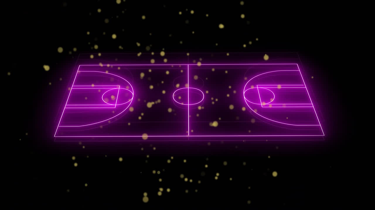 Glowing basketball court animation over black background with floating ...
