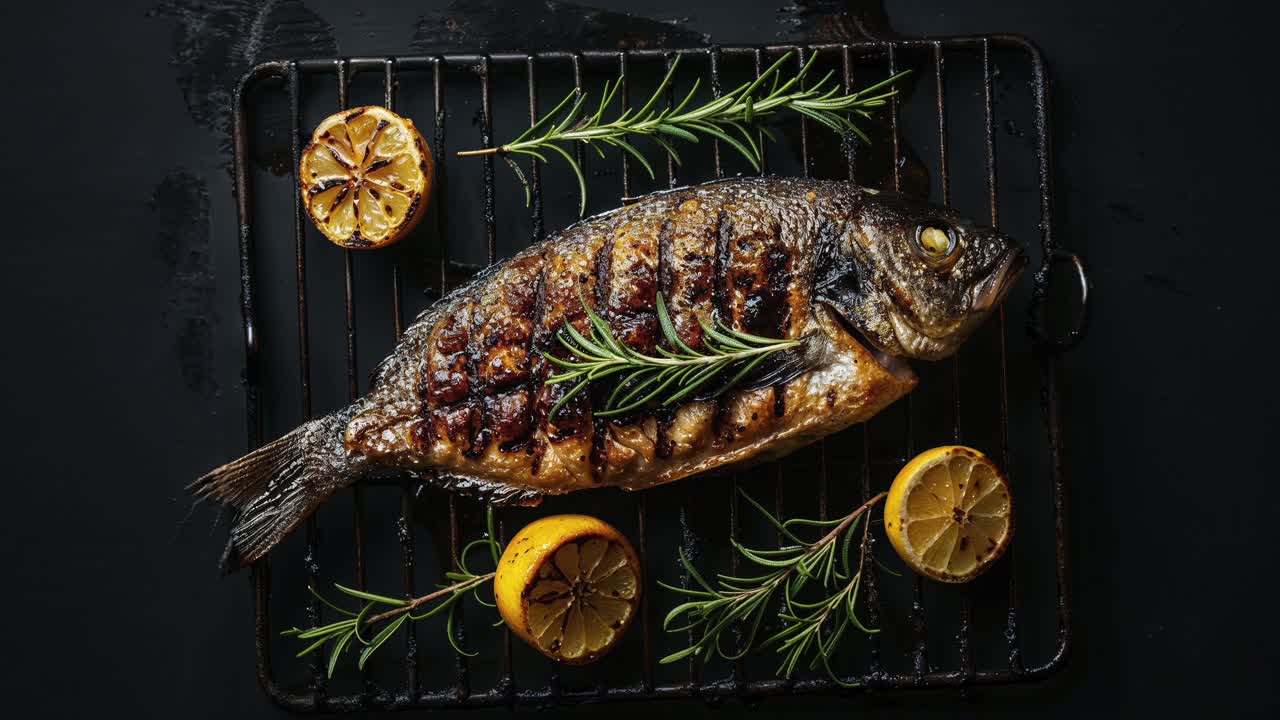 Premium stock video - Grilled whole fish with lemon and rosemary on a ...