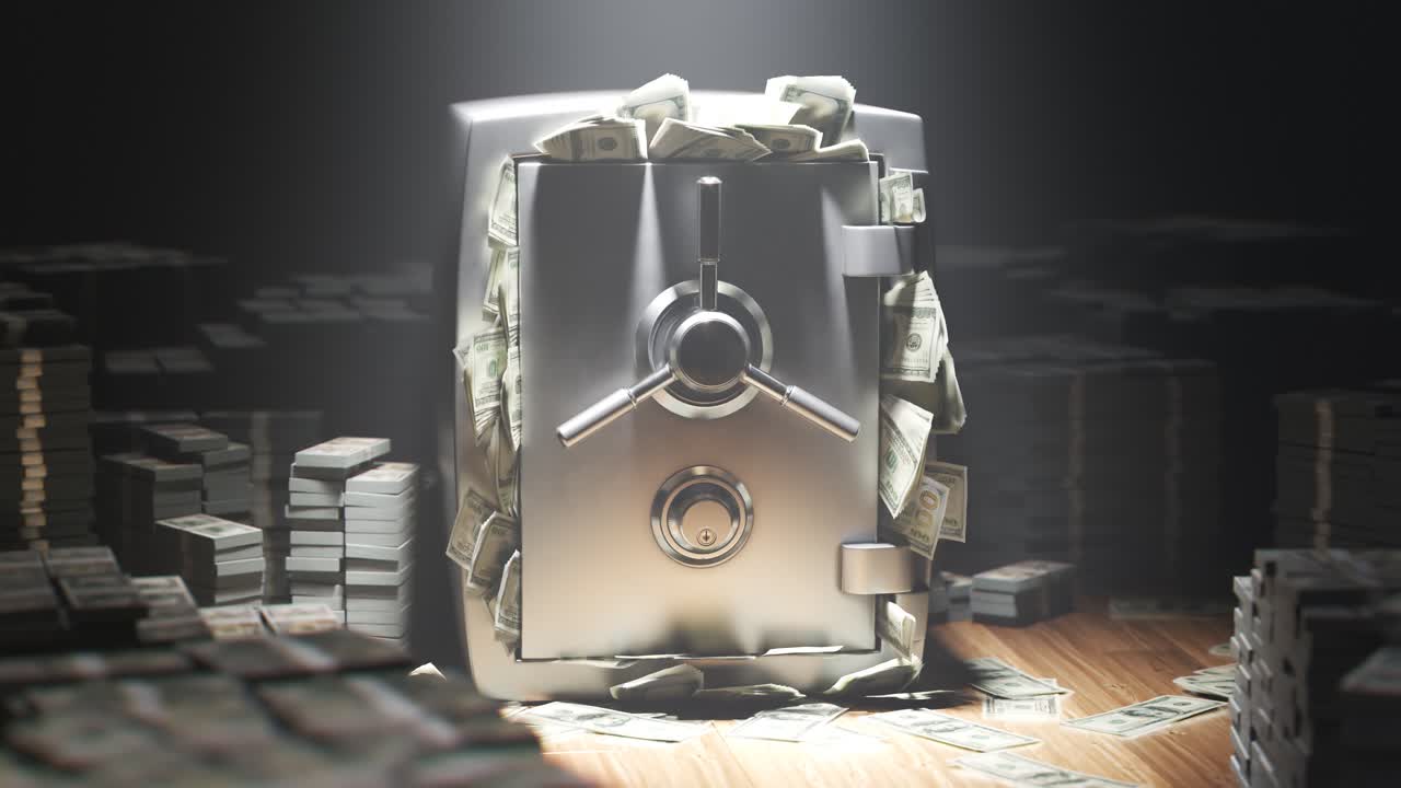 Premium stock video - Mechanical dial combination safe stuffed with ...