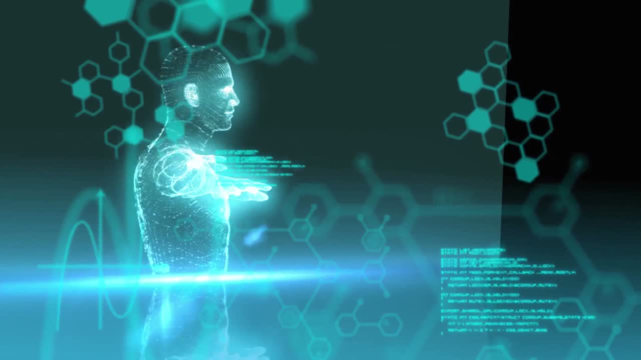 Premium stock video - Revolving 3d human diagram with moving text and data