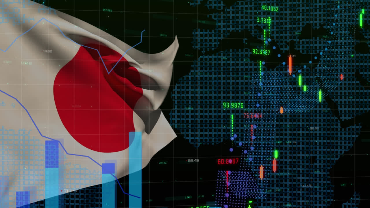 Animation of data processing, graphs and world map over flag of japan ...