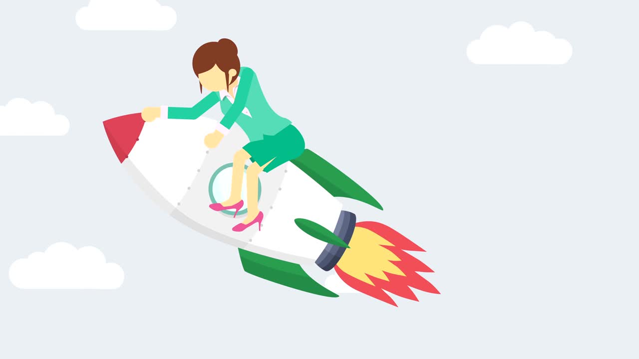 Business woman flying on rocket through cloud sky. Leap concept. Loop ...