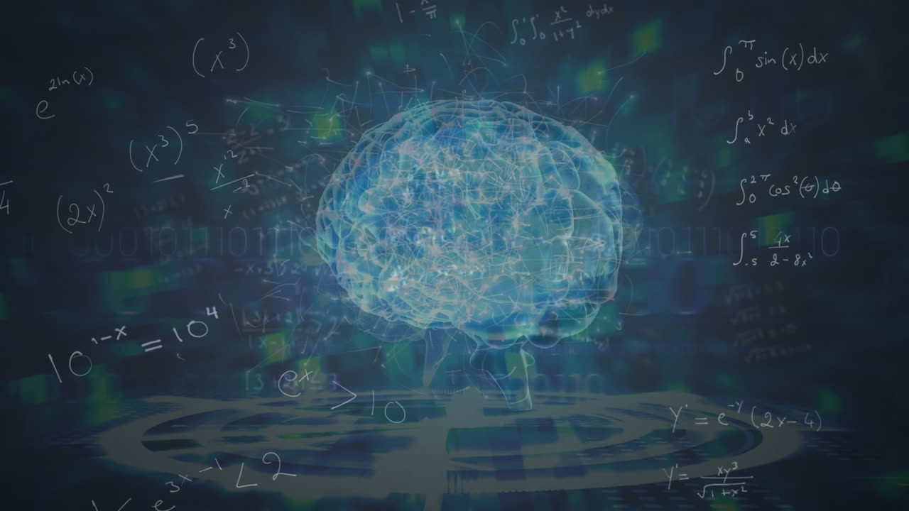 Animation of rotating brain and math formulas on navy background ...