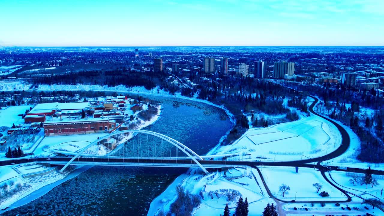 Winter aerial forward flyover birds eye view dolly roll over the walter ...