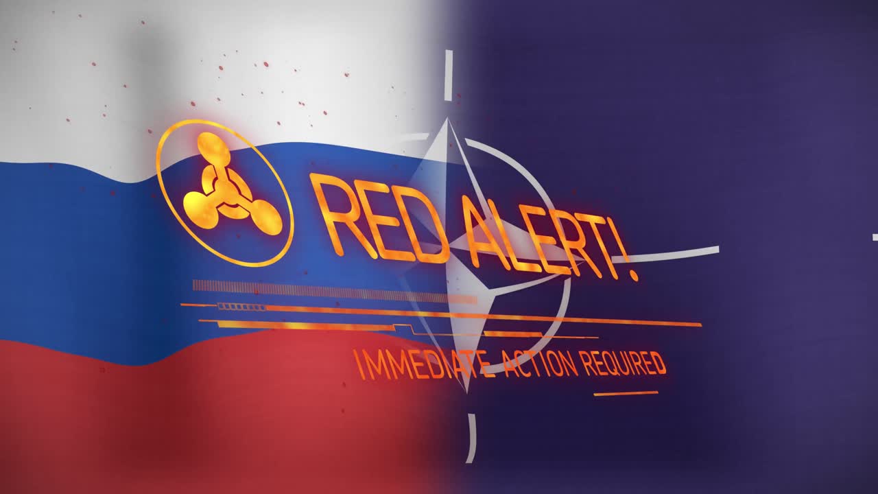 Animation Of Red Alert Text And Symbol Over Flags Of Russia And Nato ...