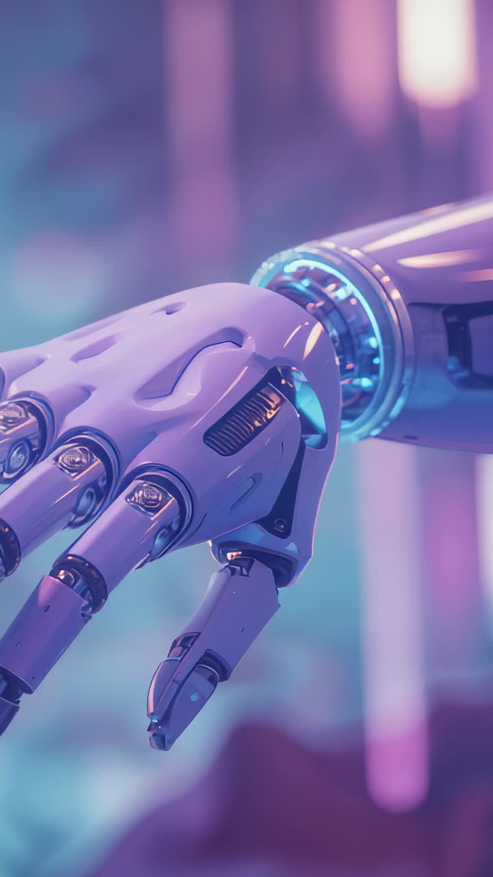 Vertical video: Entering right, robot hand moving fingers, turning ...