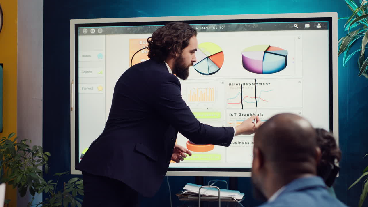 Premium stock video - Financial analyst briefing his team about new company objectives