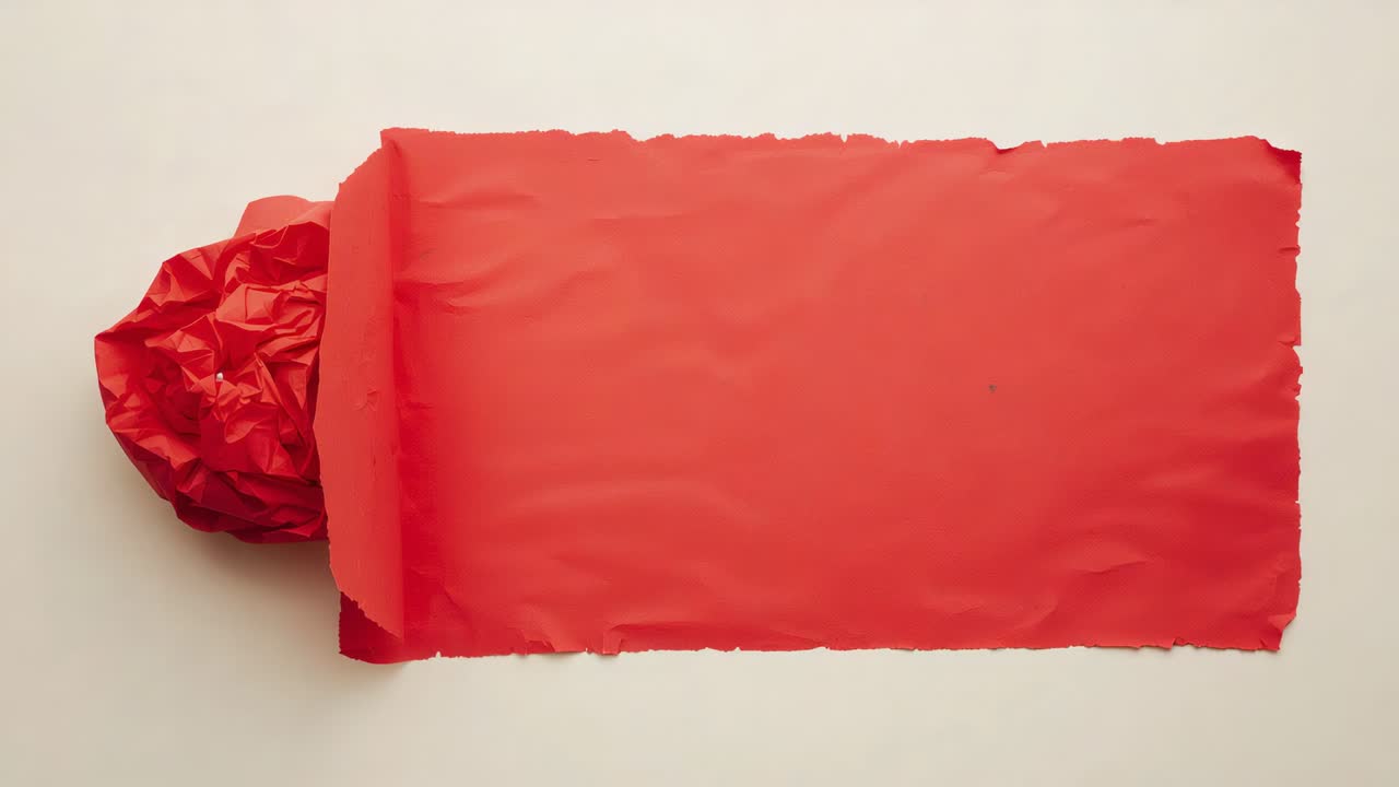 Unrolling red crepe paper roll from crumpled ball, moving right on off ...