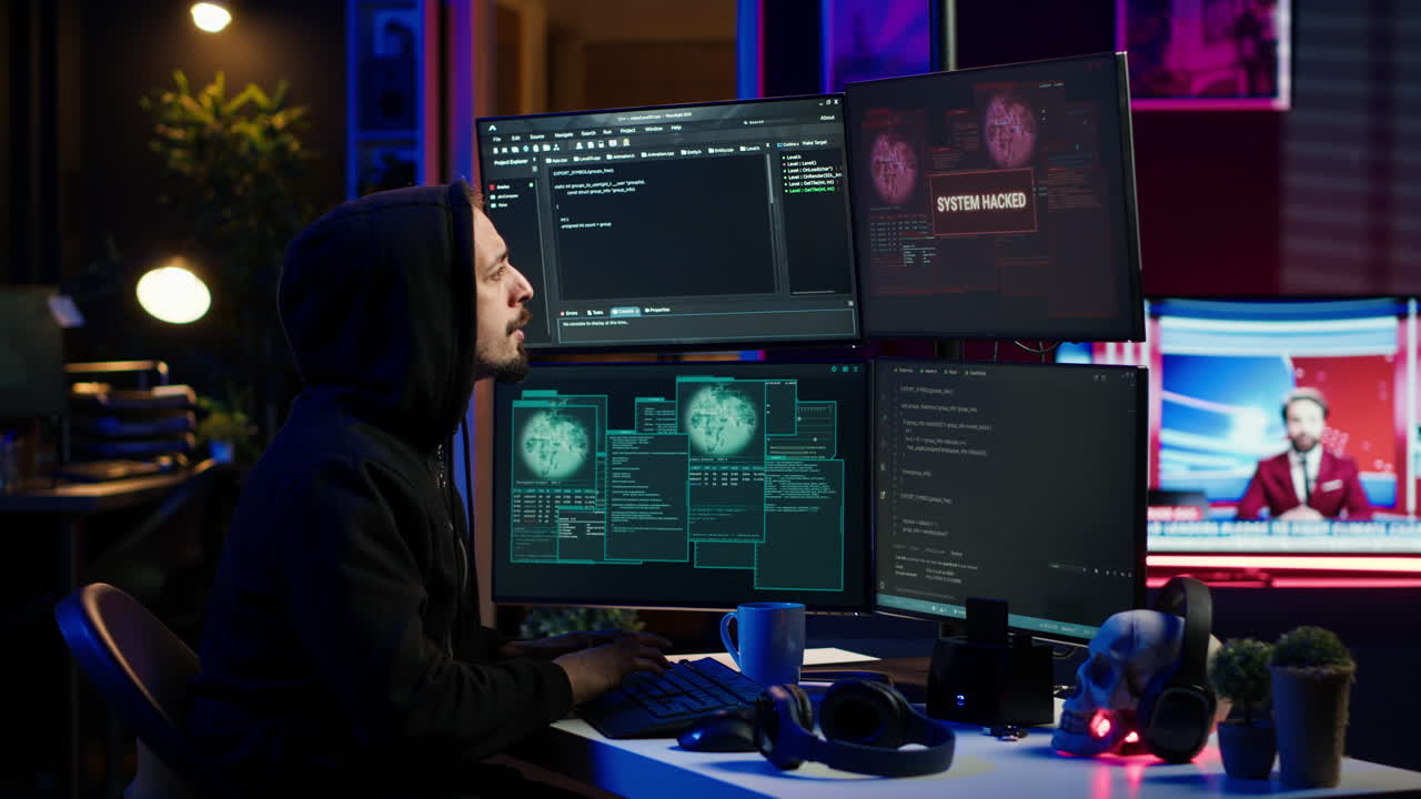 Premium stock video - Frustrated hacker in secret hideout dejected after failing hack