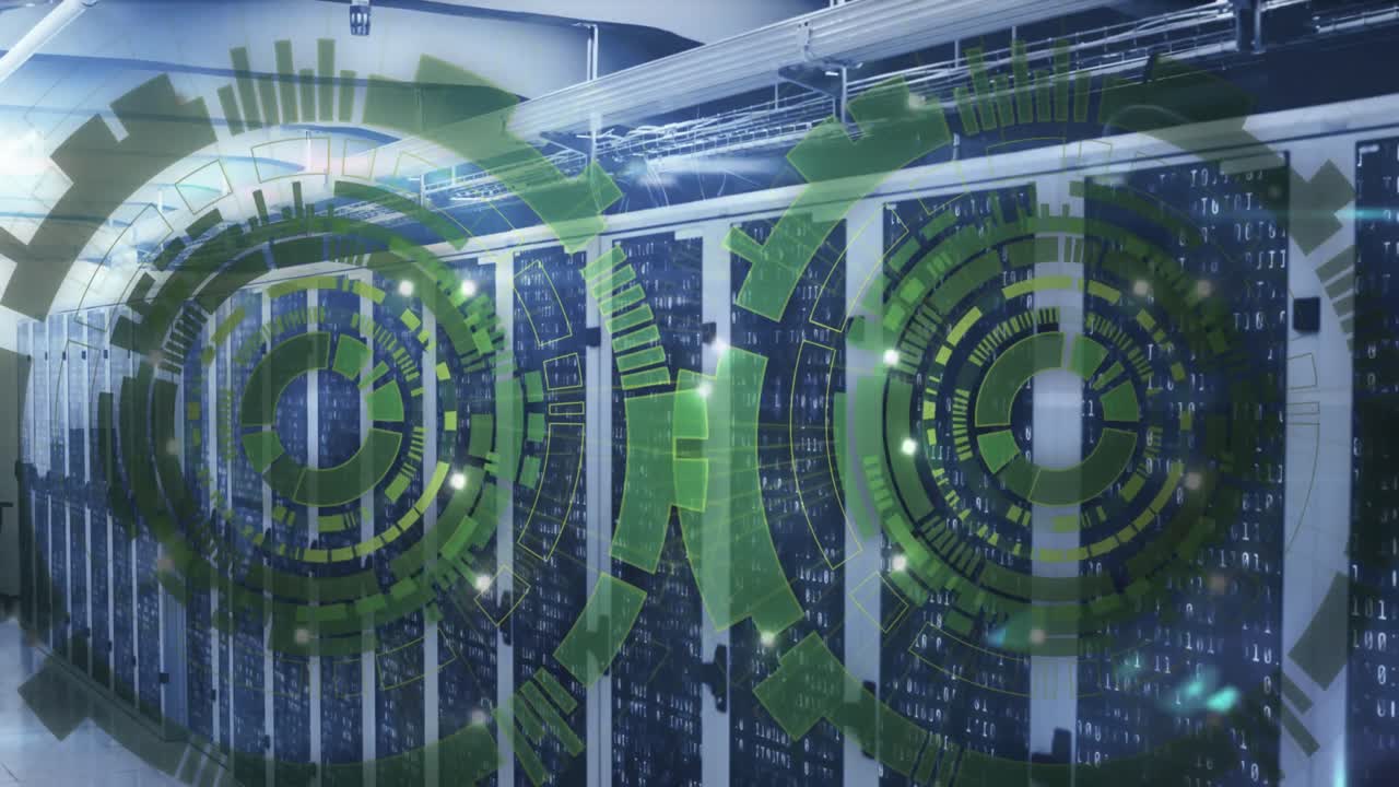Animation Of Loading Circles Over Binary Codes On Data Server Racks In