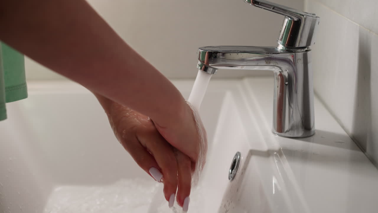 Premium stock video - Young female rubs bulms washing hands with tap water